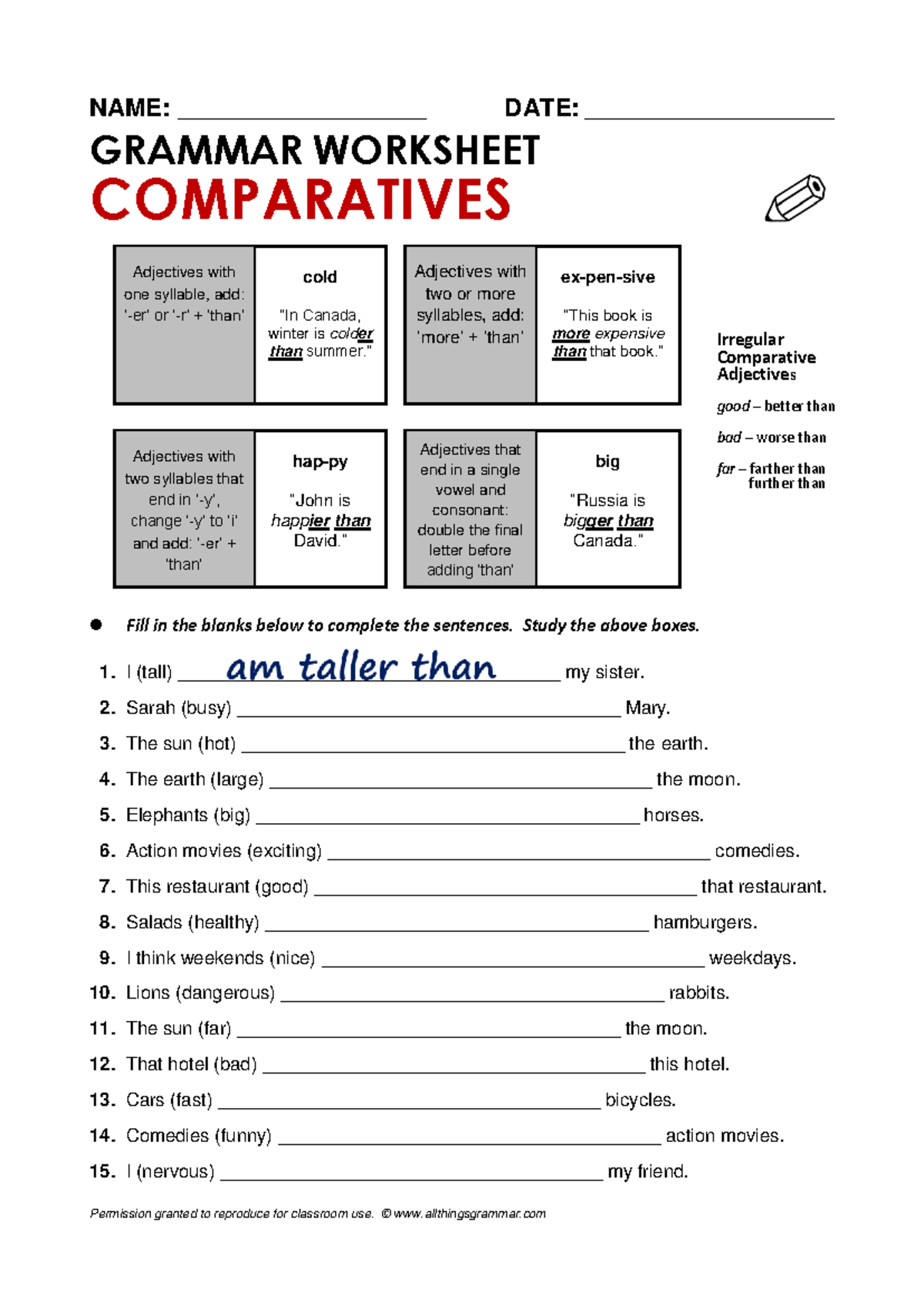Atg-Worksheet-Comparatives: Grammar Practice on Adjectives - Studocu