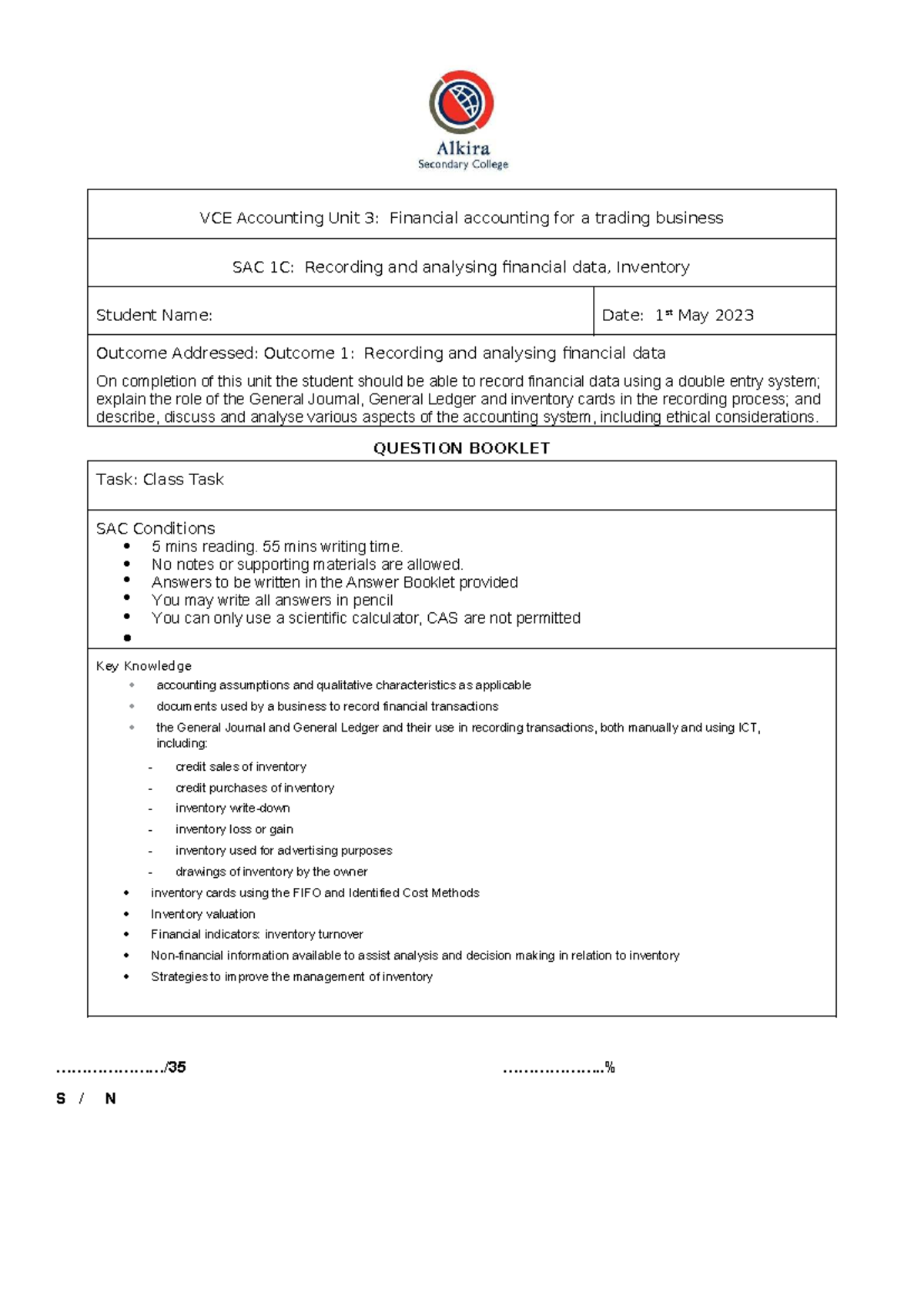 VCE Accounting Unit 3: SAC 1C Financial Data Analysis & Inventory - Studocu