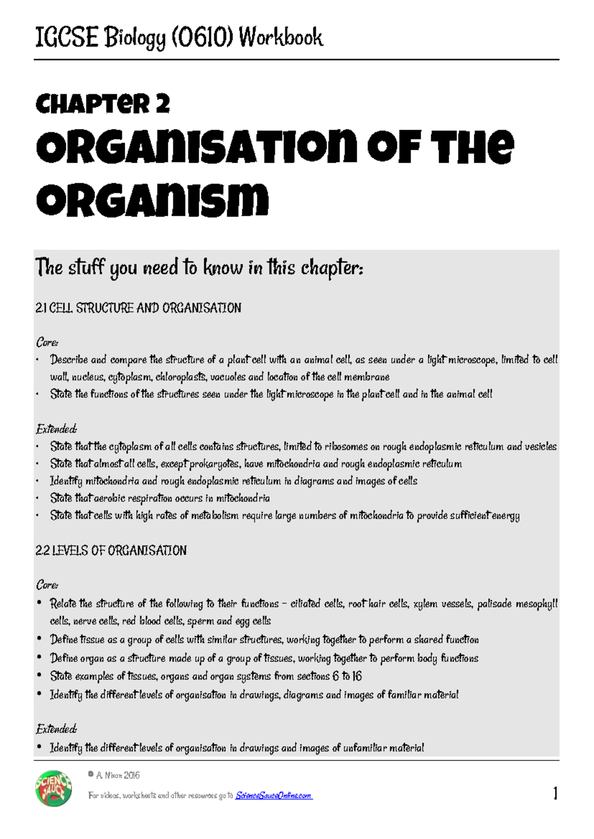 IGCSE Biology (O610) Workbook: Chapter 2 - Organisation of the Organism ...