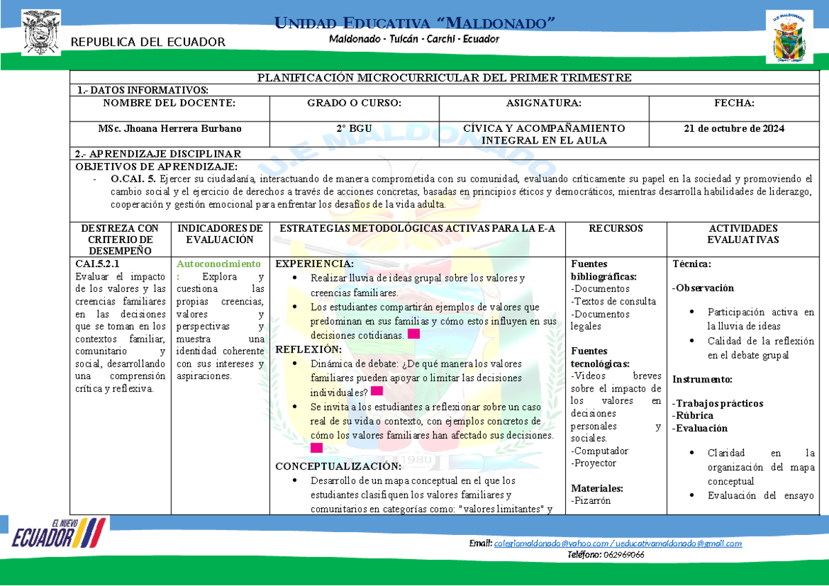 Planificación de Cívica y Atención Integral en Aula 2º BGU - Studocu