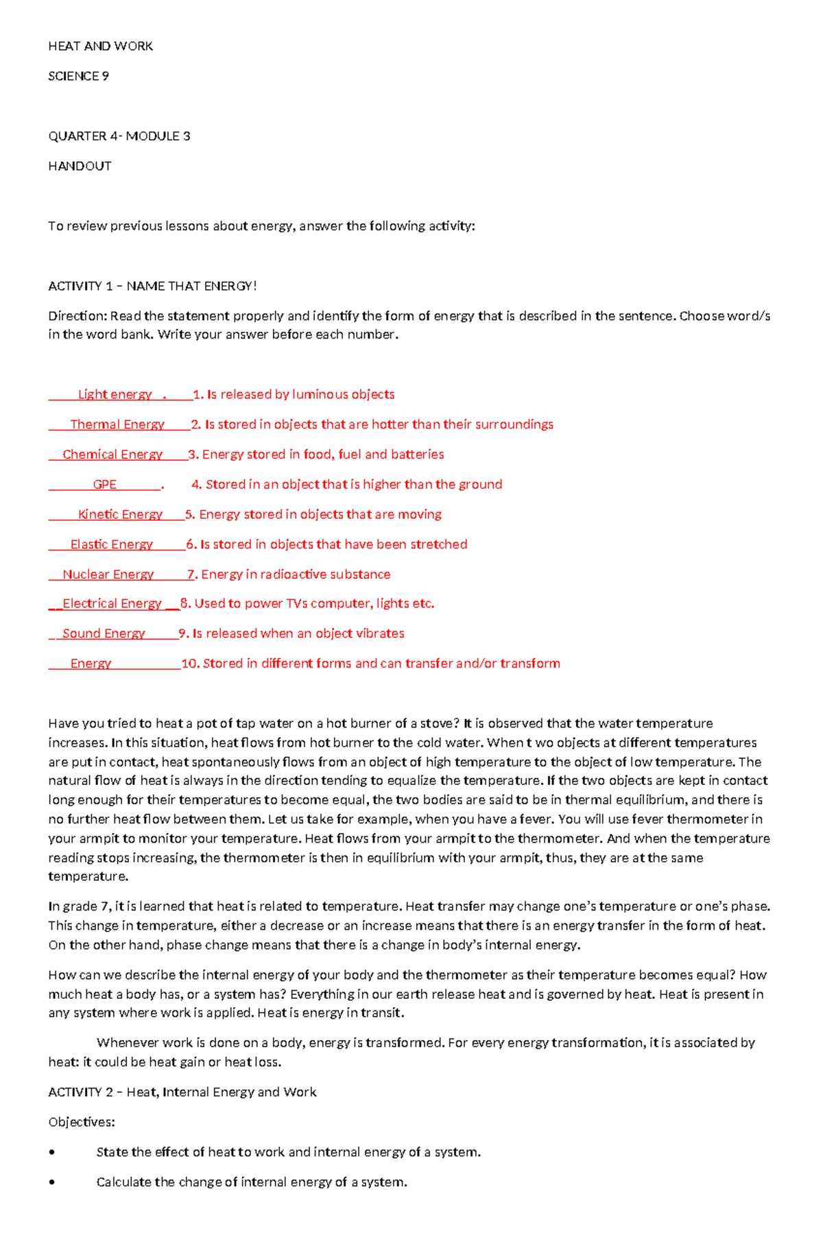 Heat key - Answer key for heat lesson - HEAT AND WORK SCIENCE 9 QUARTER ...