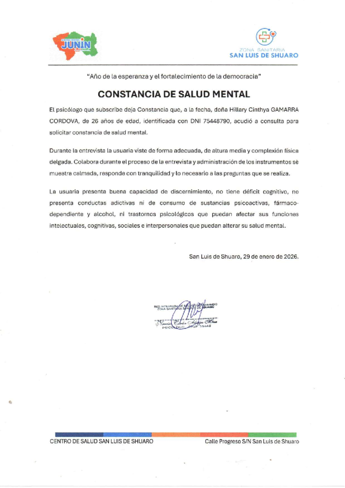Informe Psicológico de Salud Mental - Hillary Gamarra (2026) - Studocu