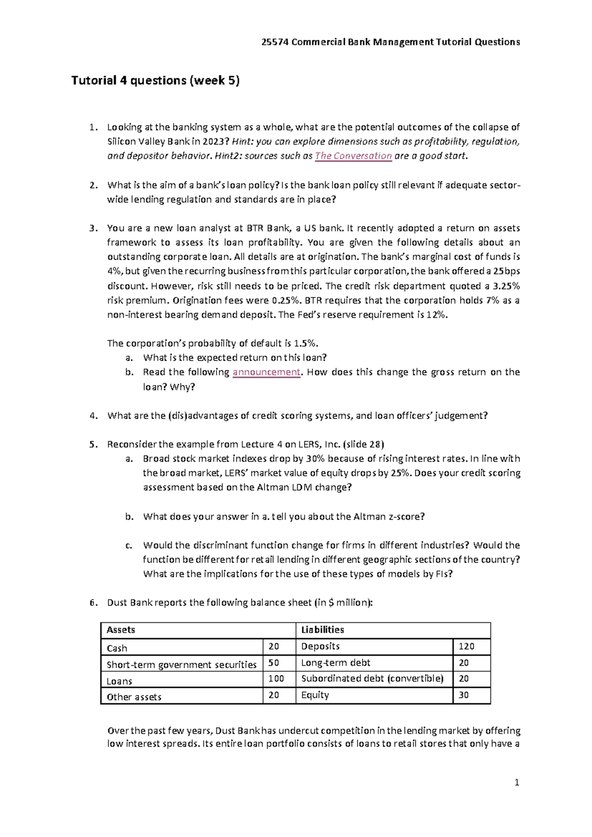 25574 Commercial Bank Management Tutorial 4 Questions Analysis - Studocu