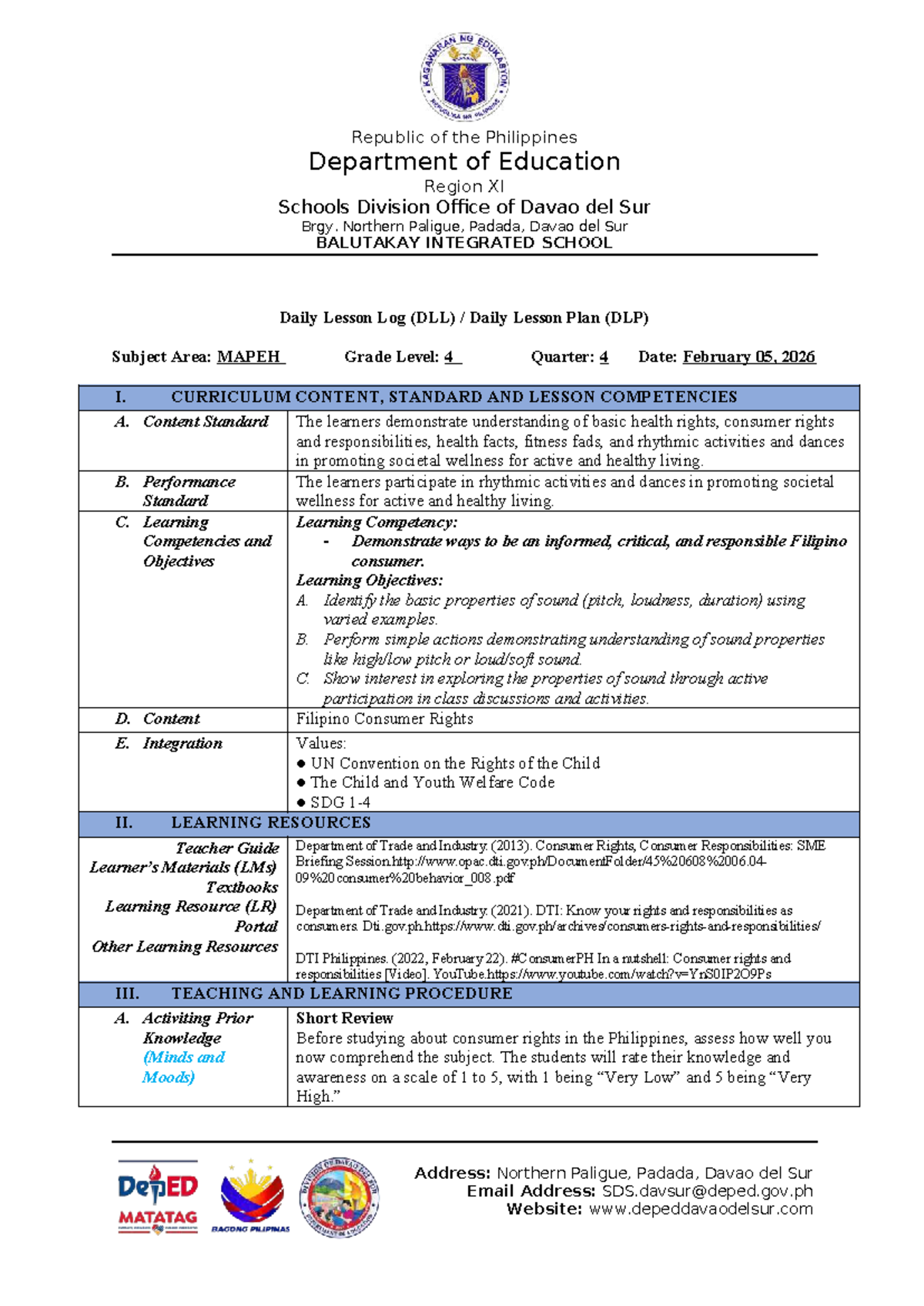 DLL Grade 4 MAPEH Q4: Consumer Rights & Responsibilities Lesson Plan ...