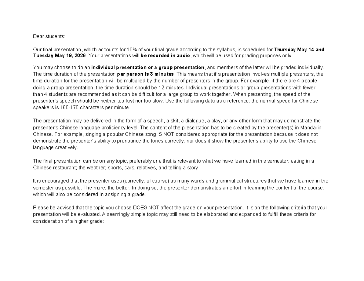 Final Presentation Guidelines & Rubrics for CHN 102 - Fall 2026 - Studocu
