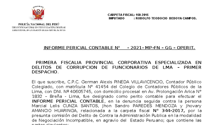 Informe Pericial Contable sobre Rodolfo T. Bedoya Campos - Carpeta ...