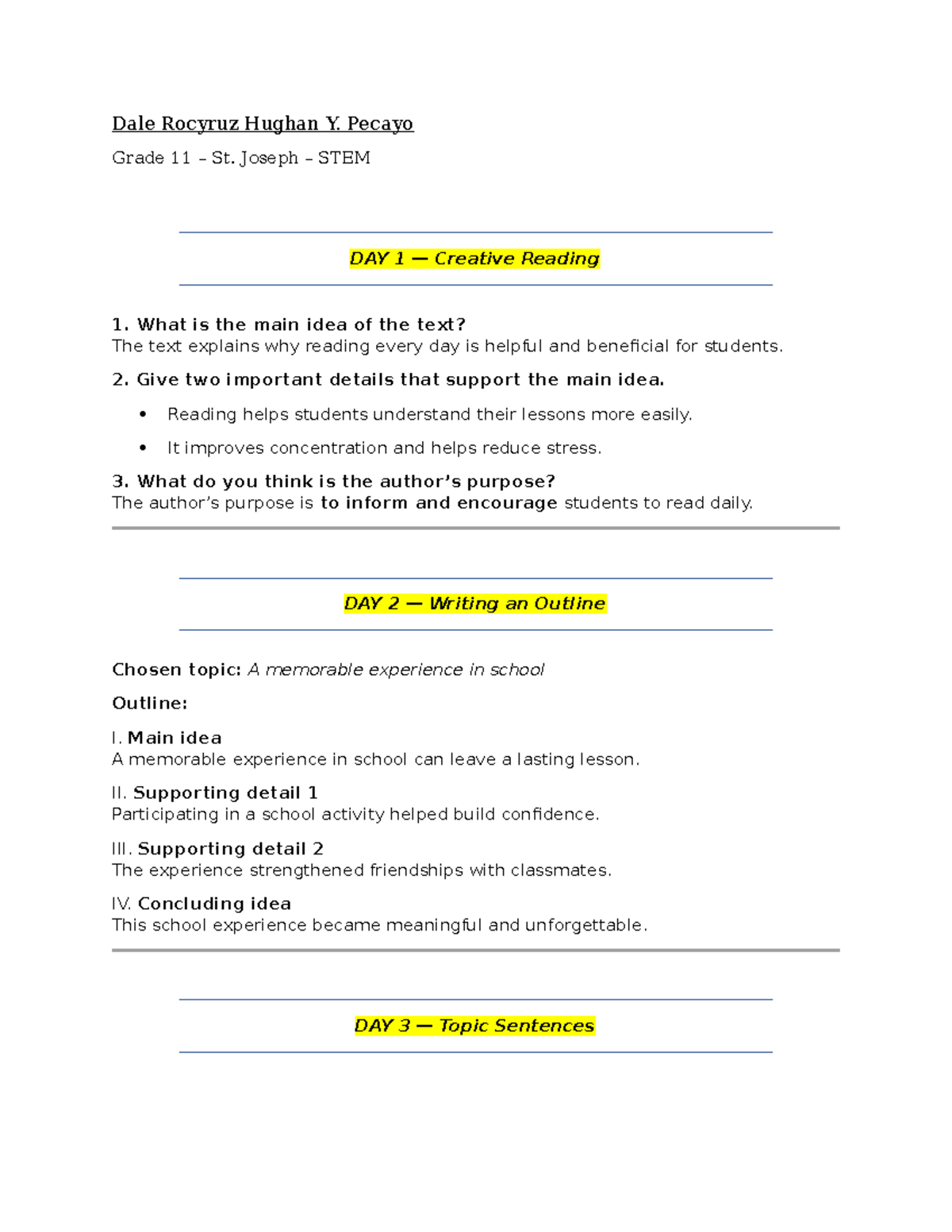 Grade 11 St. Joseph STEM: Creative Reading & Writing Notes - Studocu