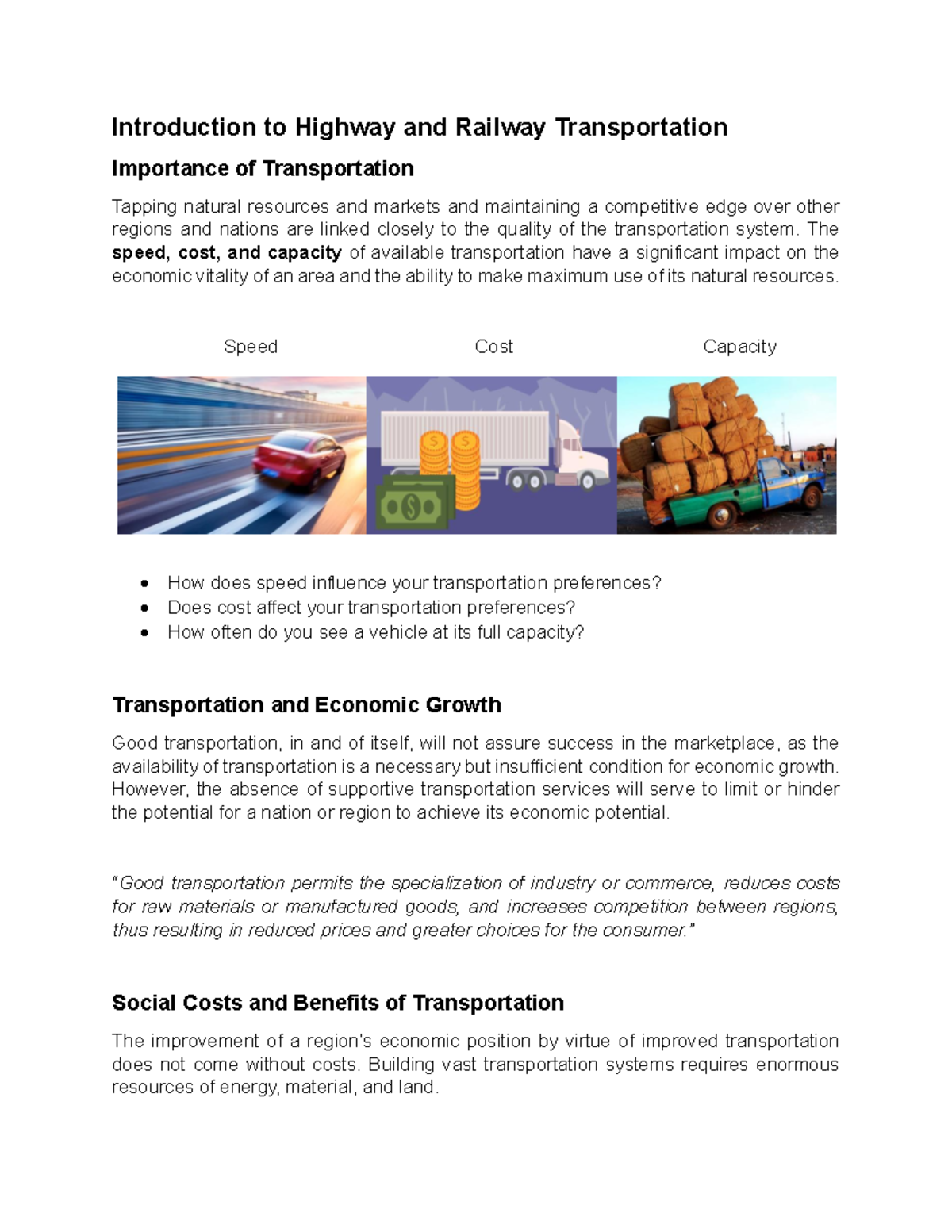 Introduction to Highway and Railway Transportation - The speed, cost ...