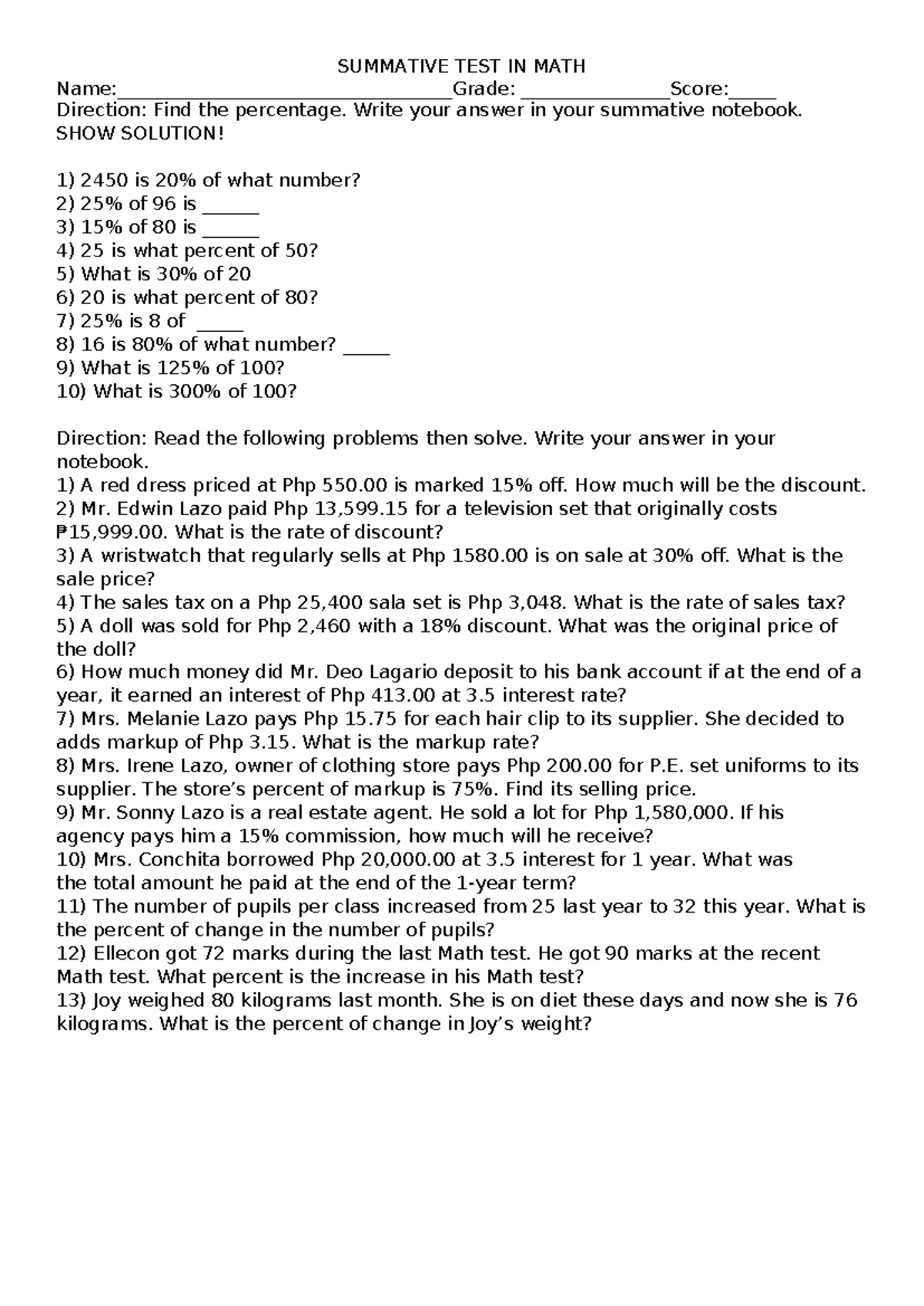 Math week 3 and 4 q2 - a summative test in math 6 - SUMMATIVE TEST IN ...