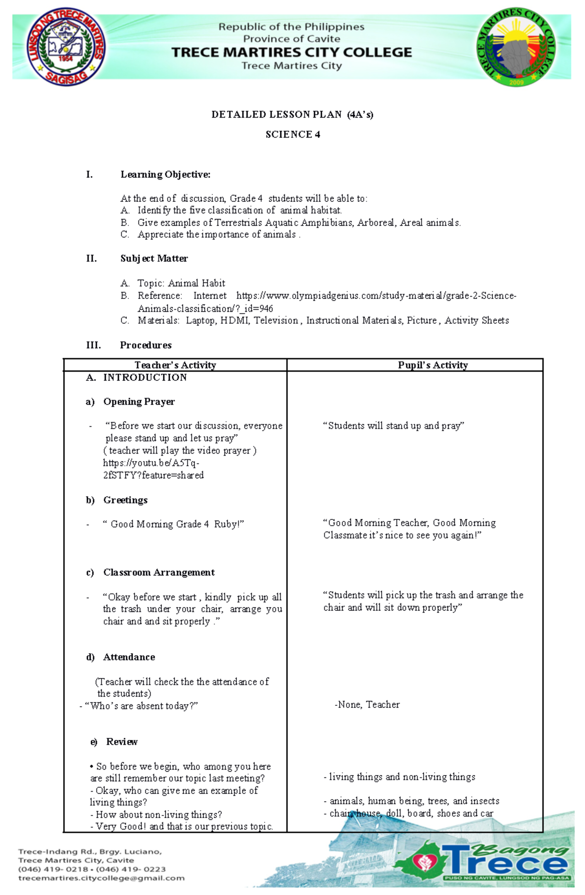 DLP-IN-Science - Grade 4 Animal Habitat Detailed Lesson Plan - Studocu