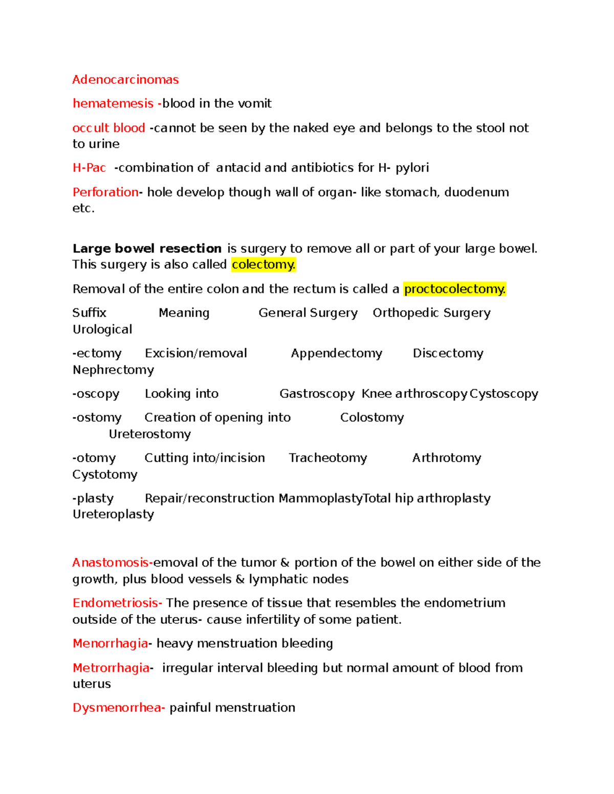 Medical Terminology Notes: Adenocarcinomas and Surgical Terms - Studocu