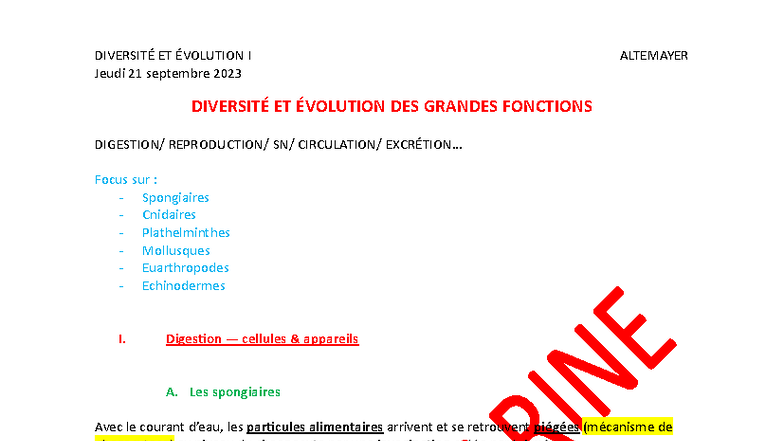 DIVERSITÉ ET ÉVOLUTION I - Grandes Fonctions des Organismes - Studocu