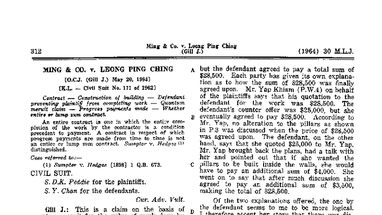 MING & CO v. LEONG PING CHING: Civil Suit Analysis (1964) - Studocu