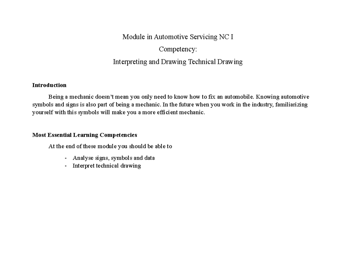 Automotive Servicing Grade 12 Q1: Interpreting Technical Drawings - Studocu