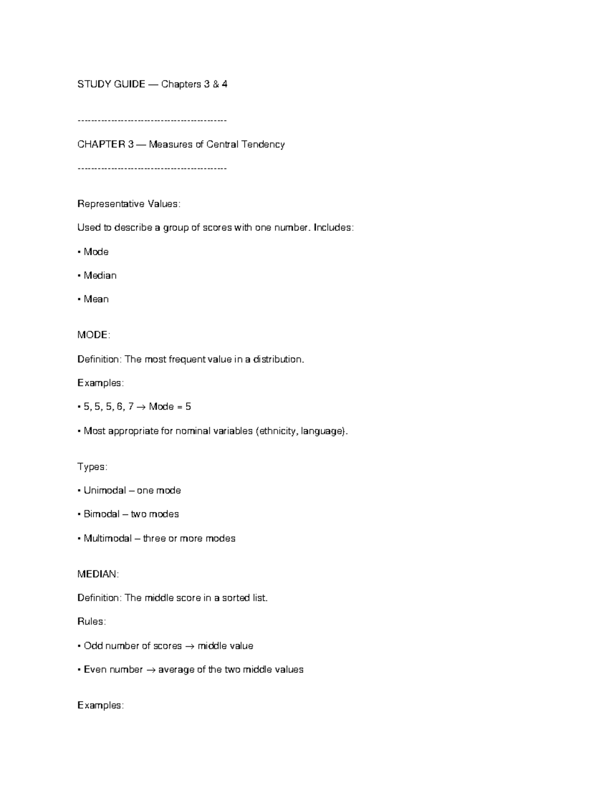 STUDY GUIDE — Chapters 3 & 4: Central Tendency & Variability - Studocu