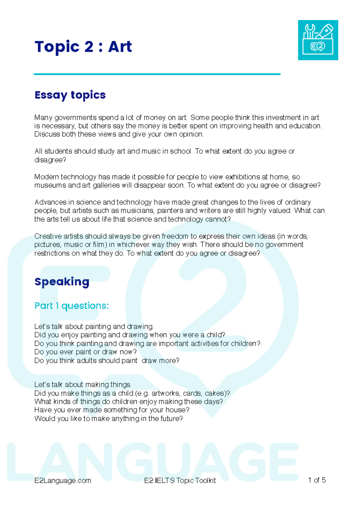 E2 IELTS Essay Toolkit: Exploring Art Perspectives - Studocu