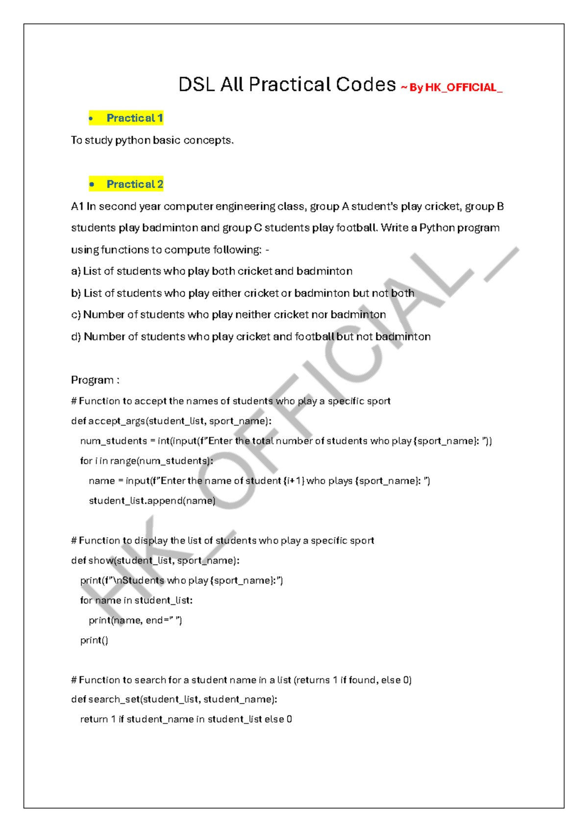 DSL All Practical Codes: Python Programming for Engineering Practical Tasks - Studocu