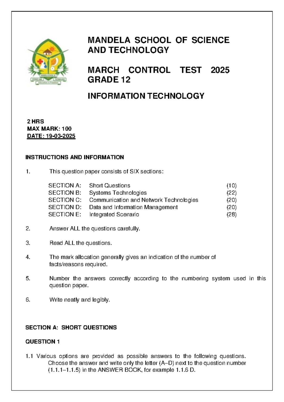 Information Technology GRD12 P2 March Control Test 2025 Exam Guide ...