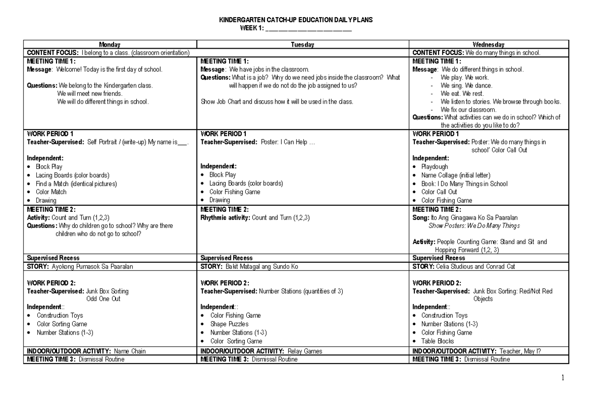 Kindergarten Lesson Plan for Week 1: Activities & Objectives - Studocu