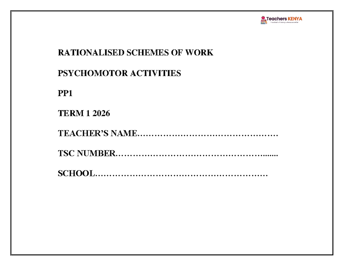 TERM 1 PP1 Psychomotor Activities Scheme of Work 2026 - Studocu