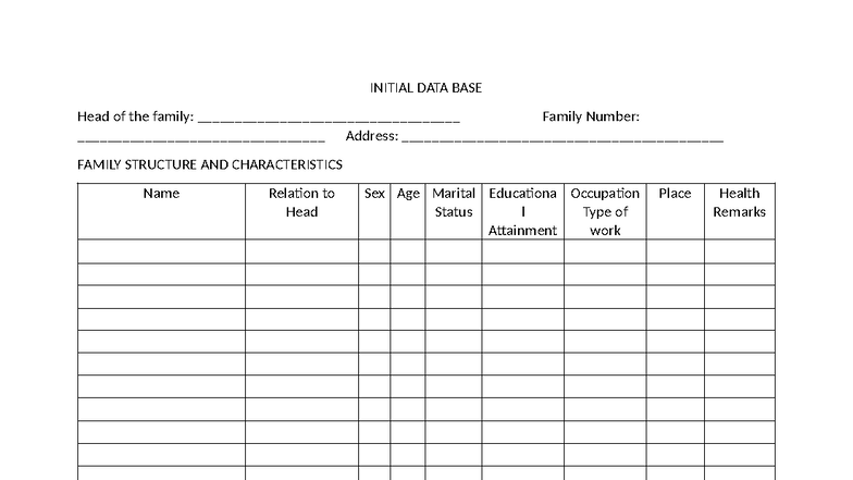 Family Nursing Practice Initial Data Base: Structure & Health Assessment - Studocu
