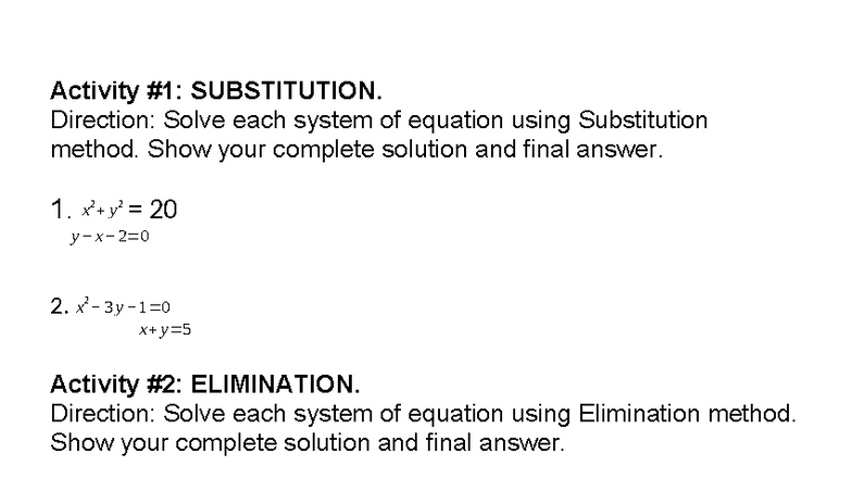 Activities in Pre Cal: Substitution, Elimination, Sequences & Angles ...