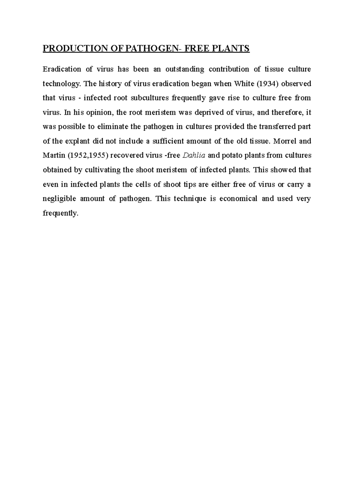 Production of Pathogen-Free Plants in Tissue Culture Technology - Studocu