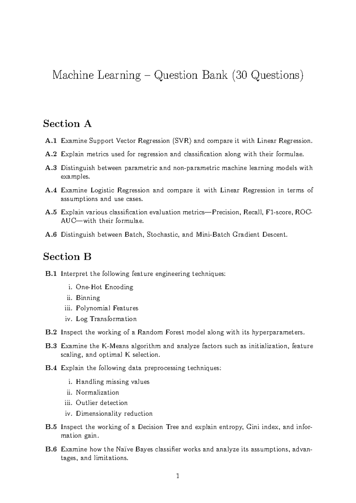 Machine Learning Question Bank (30 Qs) - SVR, Regression ...