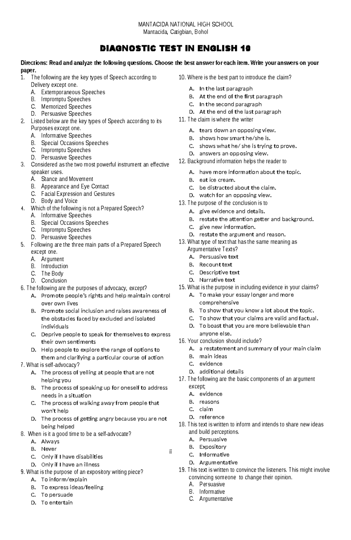 Diagnostic Test in English 10: Speech and Writing Insights - Studocu