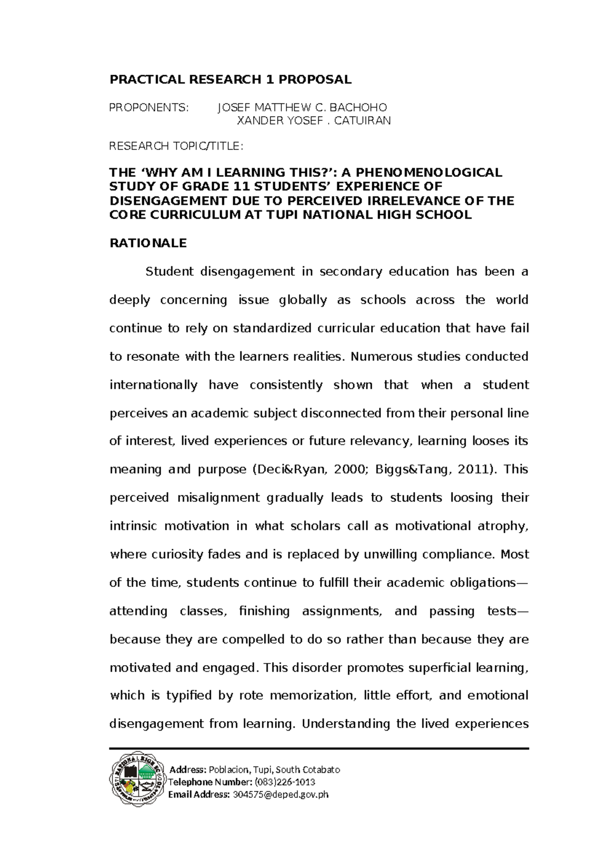 PR1 Research Proposal: A Phenomenological Study on Grade 11 ...