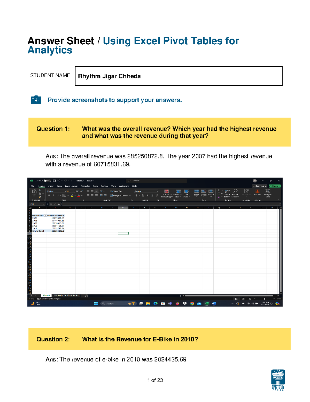 Excel Pivot Tables Answer Sheet for Analytics (Course Code: ANL101 ...