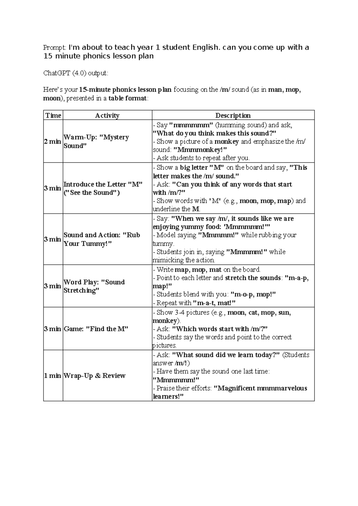 Year 1 English Phonics Lesson Plan: Sound 'M' (15 mins) - Studocu