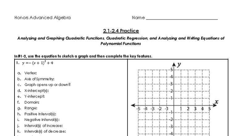 Honors Advanced Math 2.1-2.4 Practice: Quadratics & Polynomials - Studocu