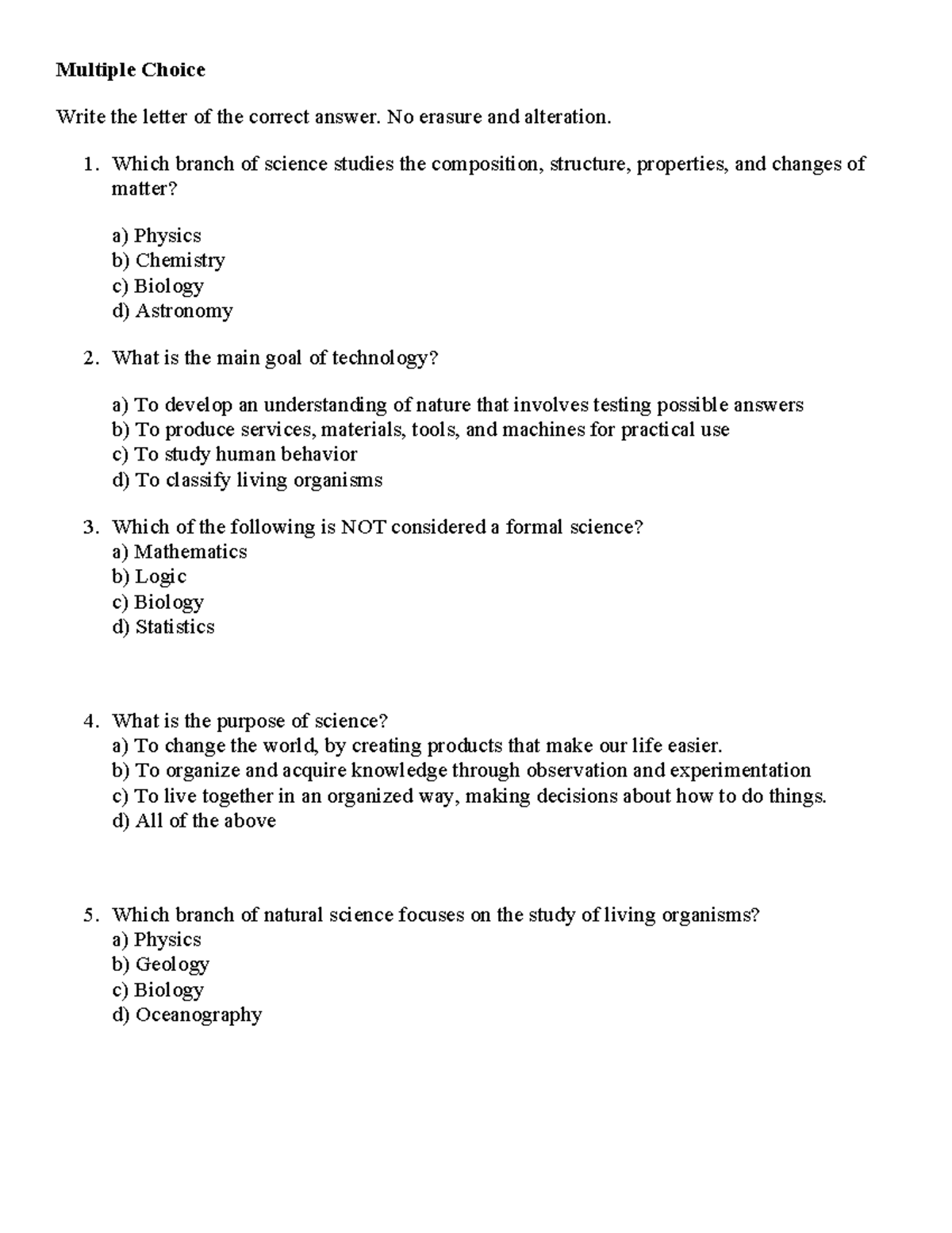 Quiz 1 - for practice - Multiple Choice Write the letter of the correct ...