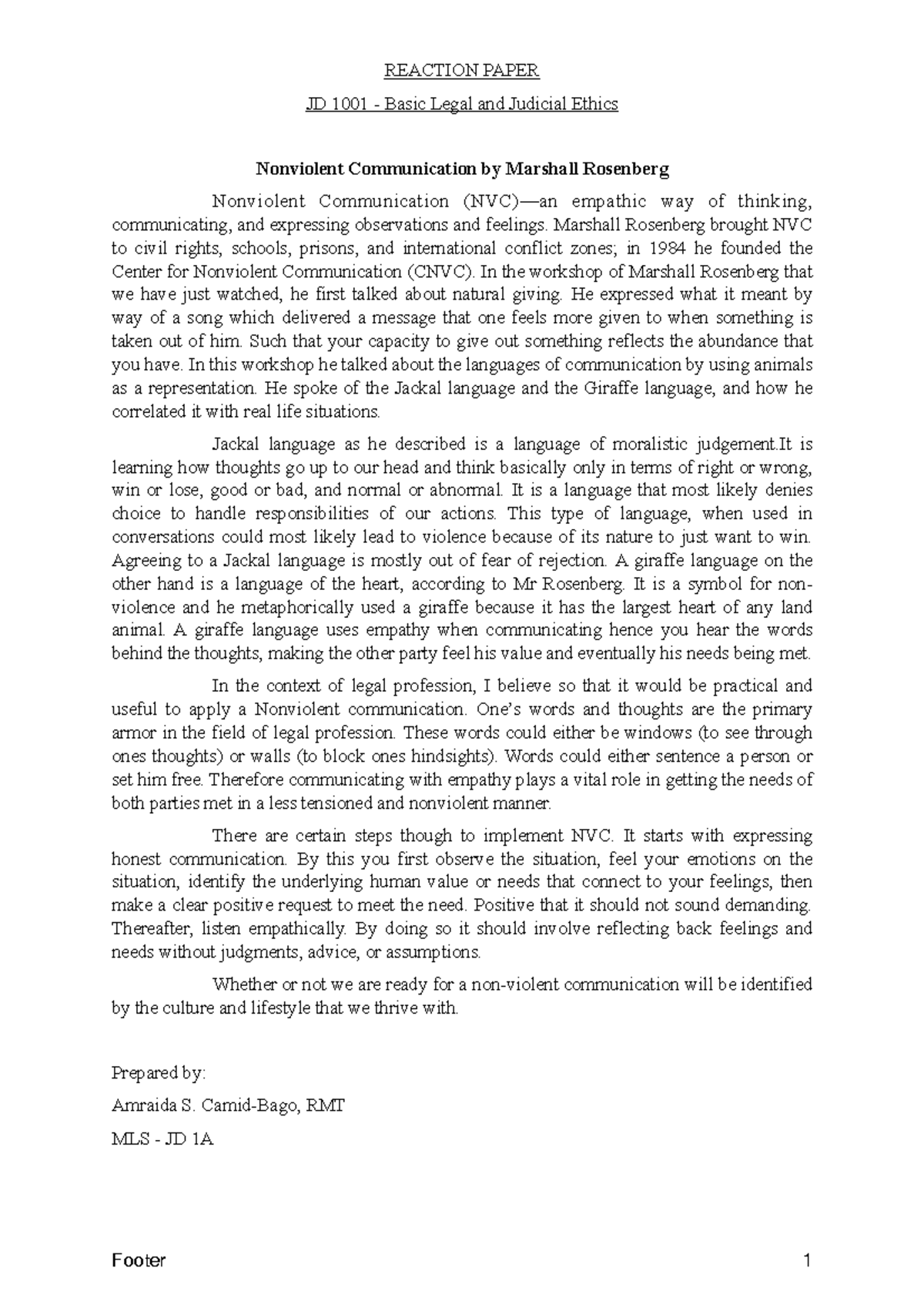 Reaction Paper JD 1001: Nonviolent Communication Insights by Rosenberg ...