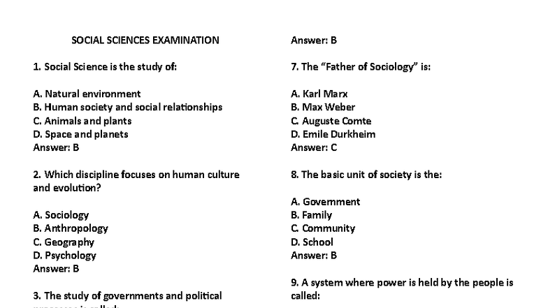 Social Sciences Examination 101: Key Concepts and Answers - Studocu