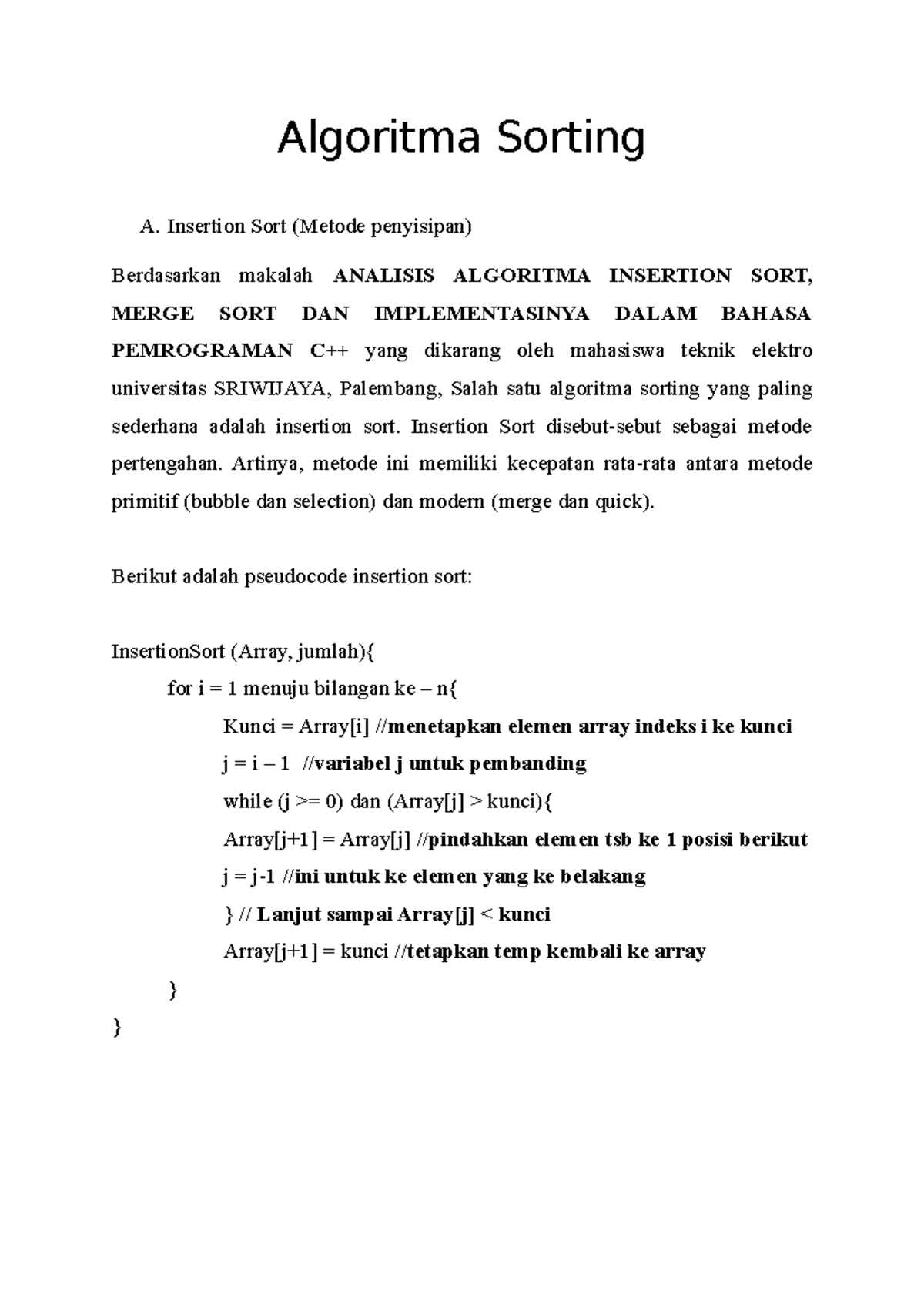 Algoritma Sorting - Insertion Sort (Metode penyisipan) Berdasarkan makalah ANALISIS ALGORITMA ...