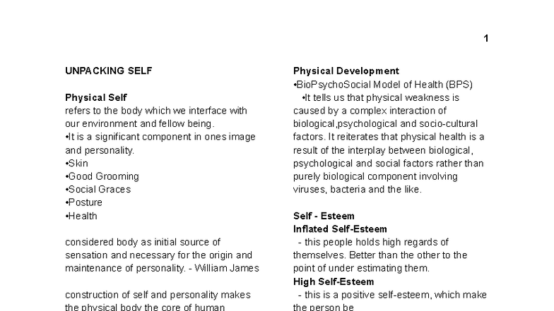 Midterms UTS reviewer - UNPACKING SELF Physical Self refers to the body ...