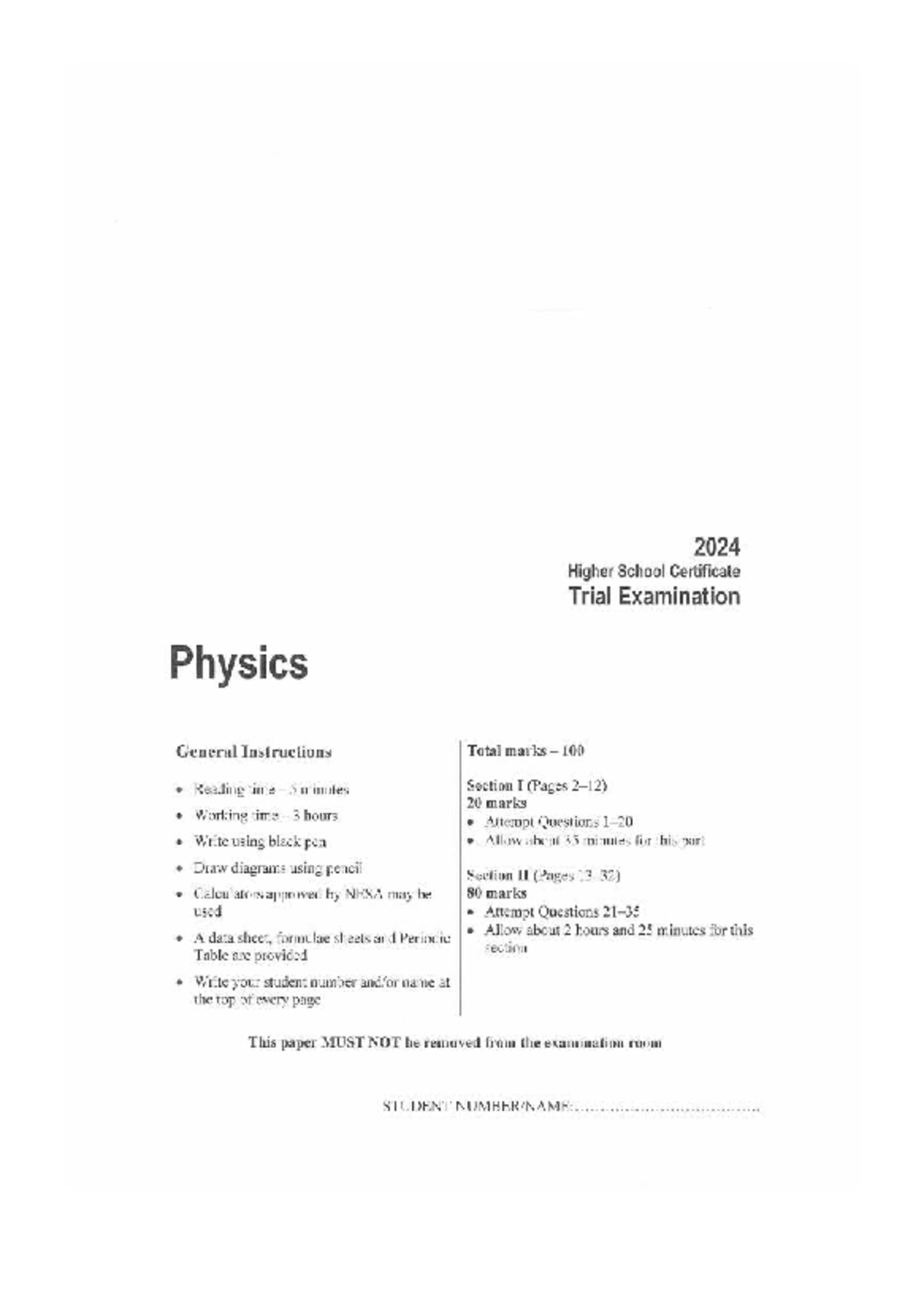 2024 HSC Physics Trial Exam Instructions and Questions - Studocu
