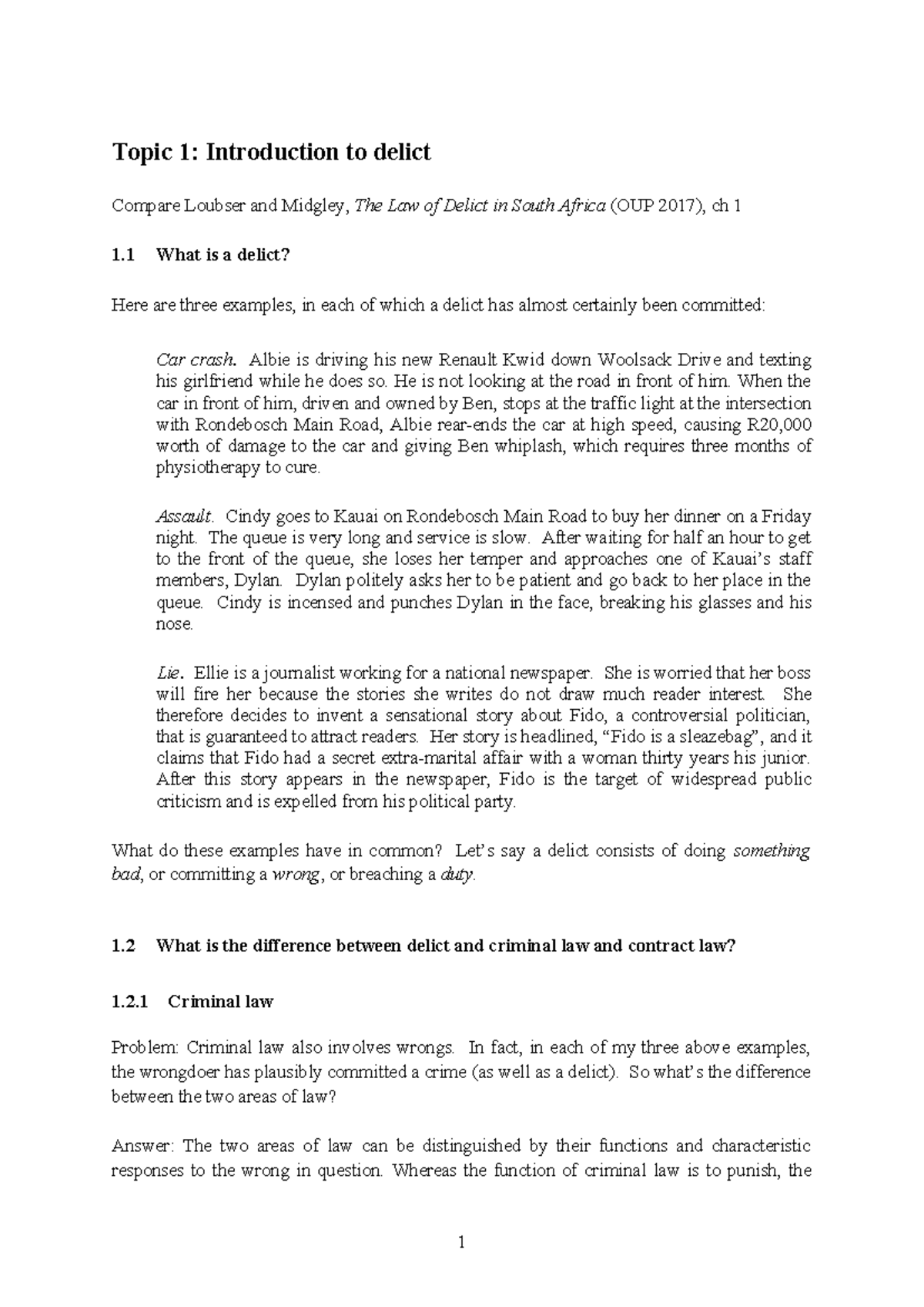 Delict outlines for Introduction. updated 20 February 2025 - Topic 1 ...