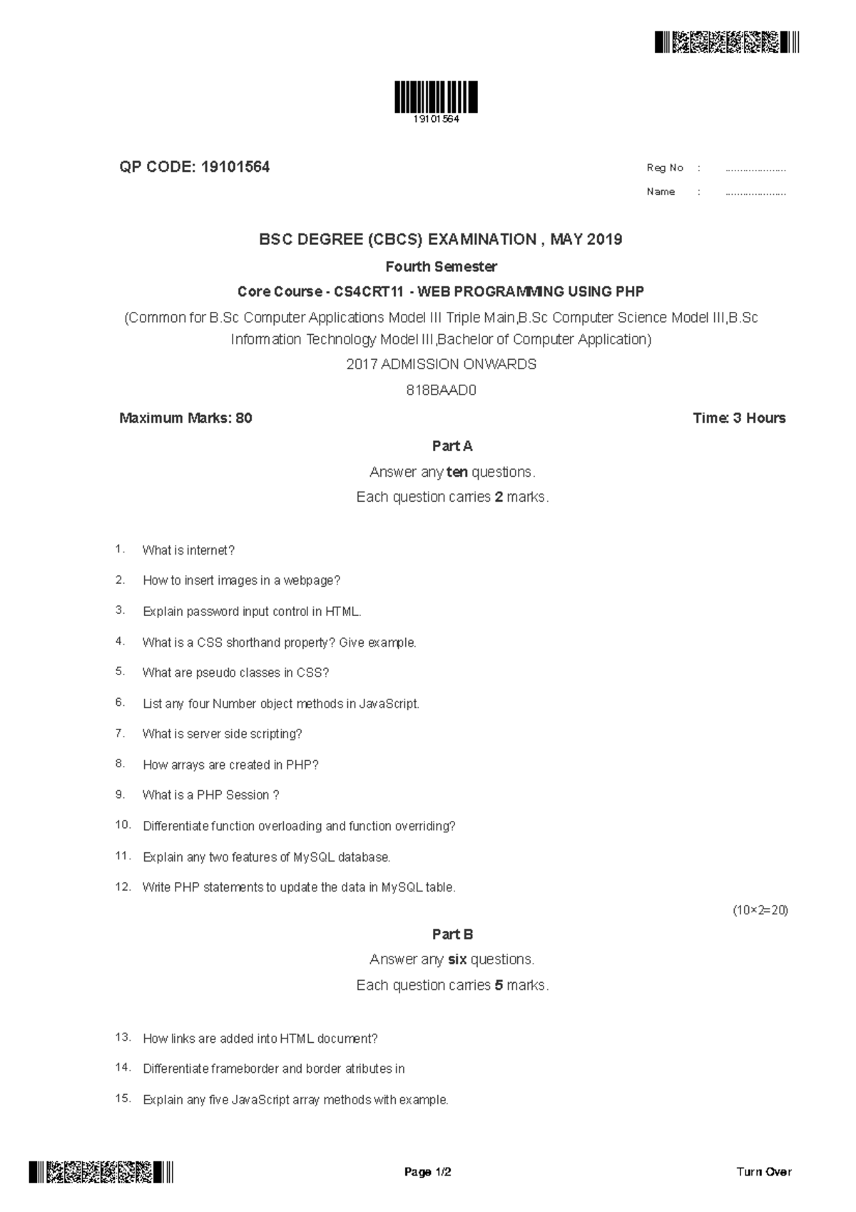 PHP2019 - PHP previous year question paper 2019 MG university - QP CODE: 19101564 Reg No : - Studocu