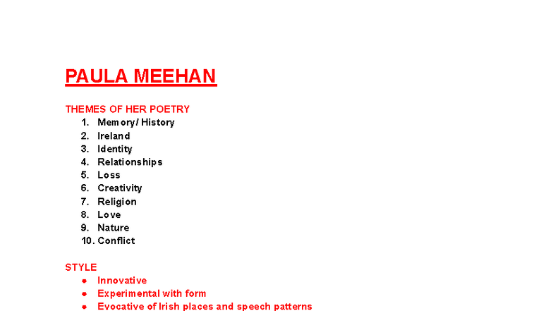 PAULA MEEHAN: THEMES AND STYLES IN HER POETRY ANALYSIS - Studocu