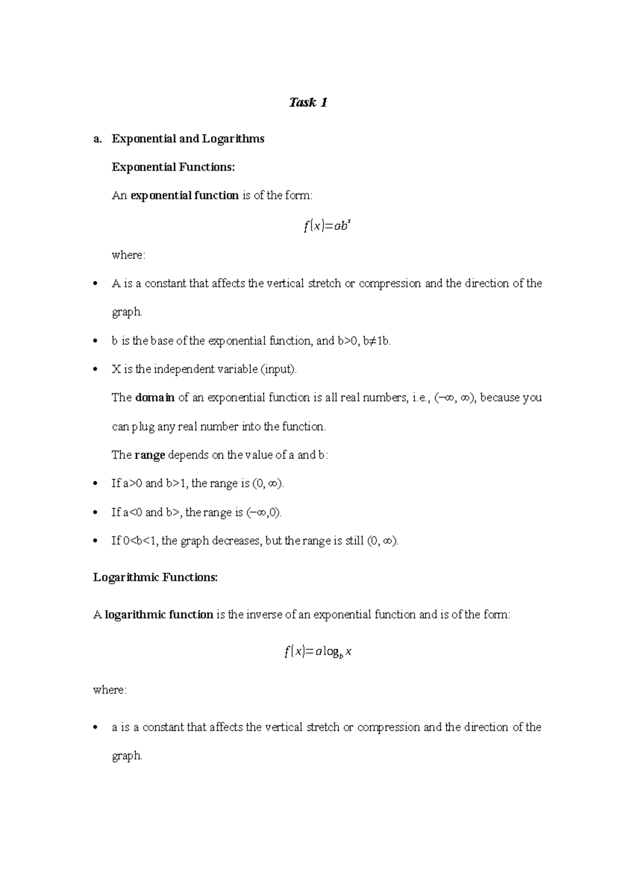 Math Unit 5 - Answers to the assignment - Task 1 a. Exponential and ...