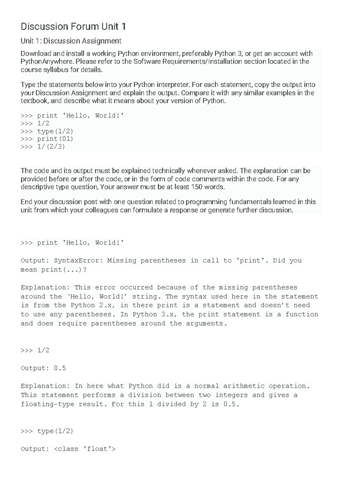 Discussion Assignment Unit 1: Python Environment Setup and Output Analysis - Studocu