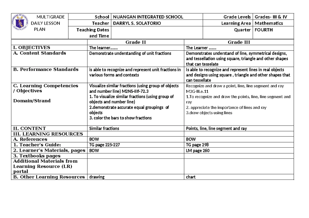 BAHAGI NG TAHANAN: DAILY LESSON LOG FOR PE & HEALTH GRADE ____ - Studocu