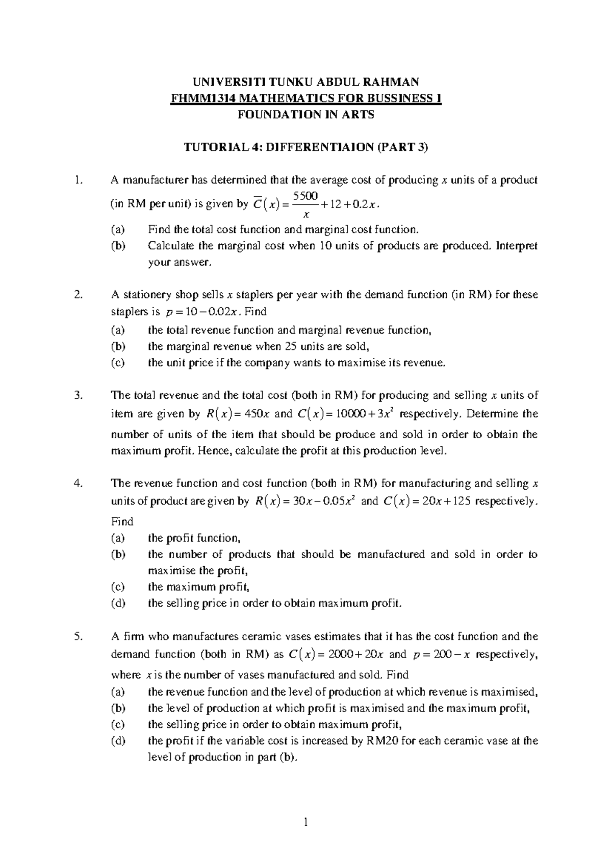 Tutorial 4 Part 3 Differentiation - Mathematics for Business I - UTAR ...