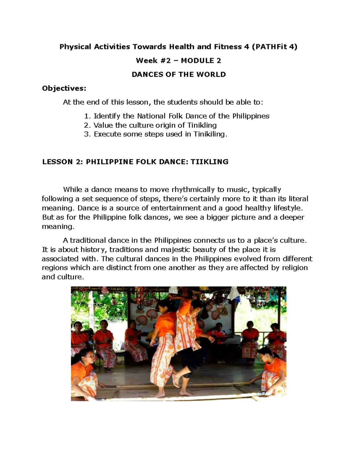 PATHFit 4 Week 2: Exploring Tinikling and Philippine Folk Dances - Studocu