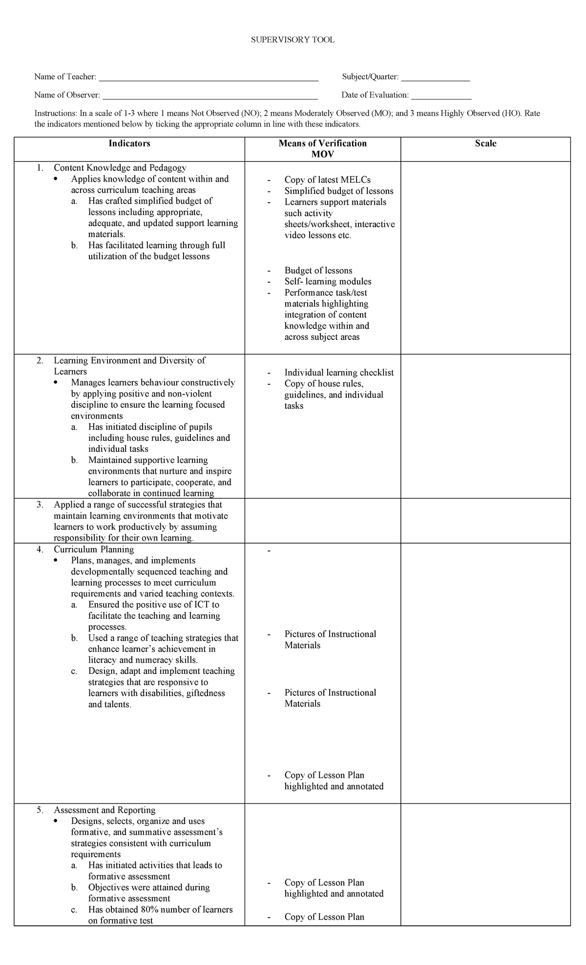 Supervisory Tool for Teacher Evaluation: Assessment & Feedback - Studocu