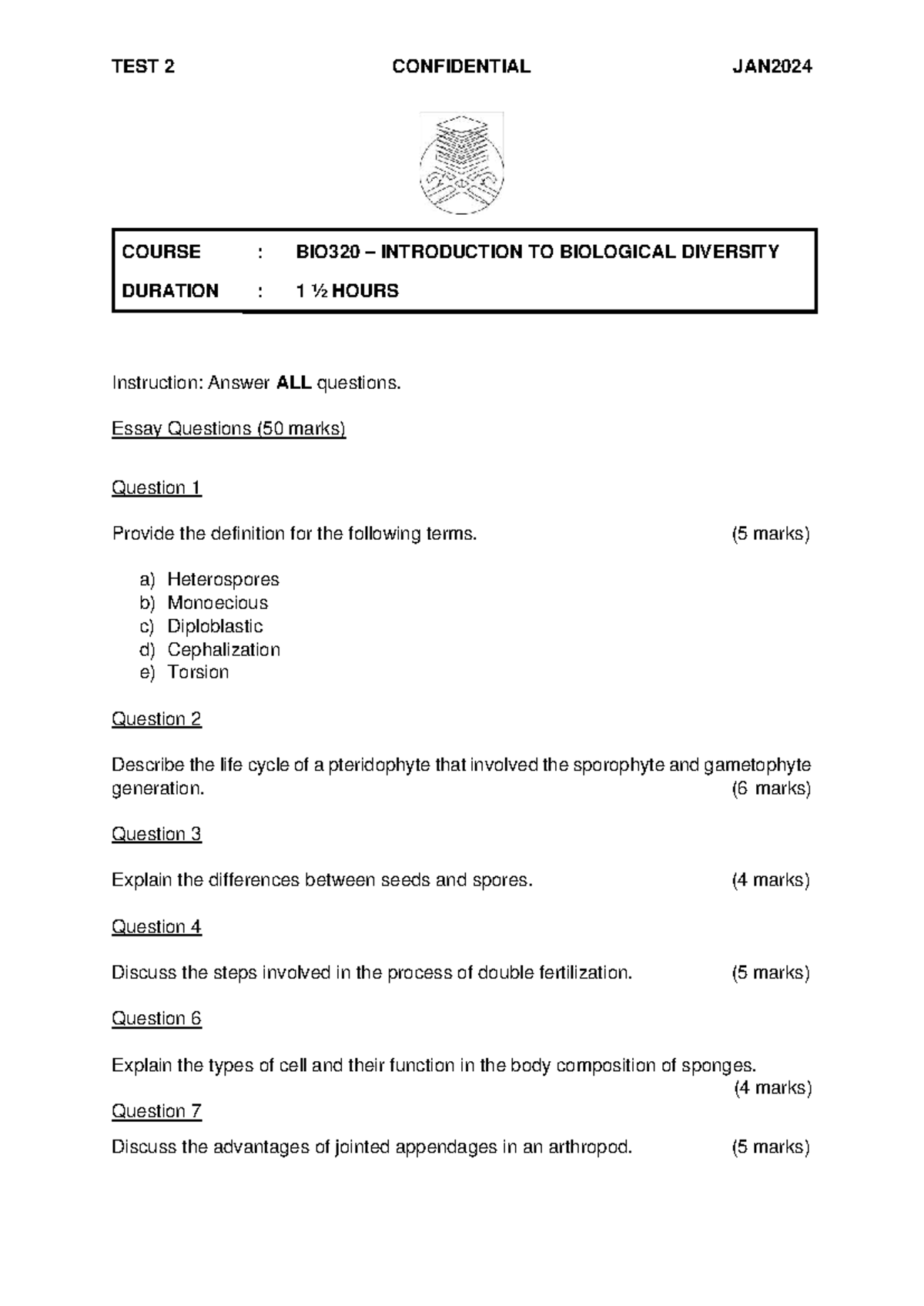 Test 2 Question Set 1 - BIO320: Biological Diversity Exam - Studocu