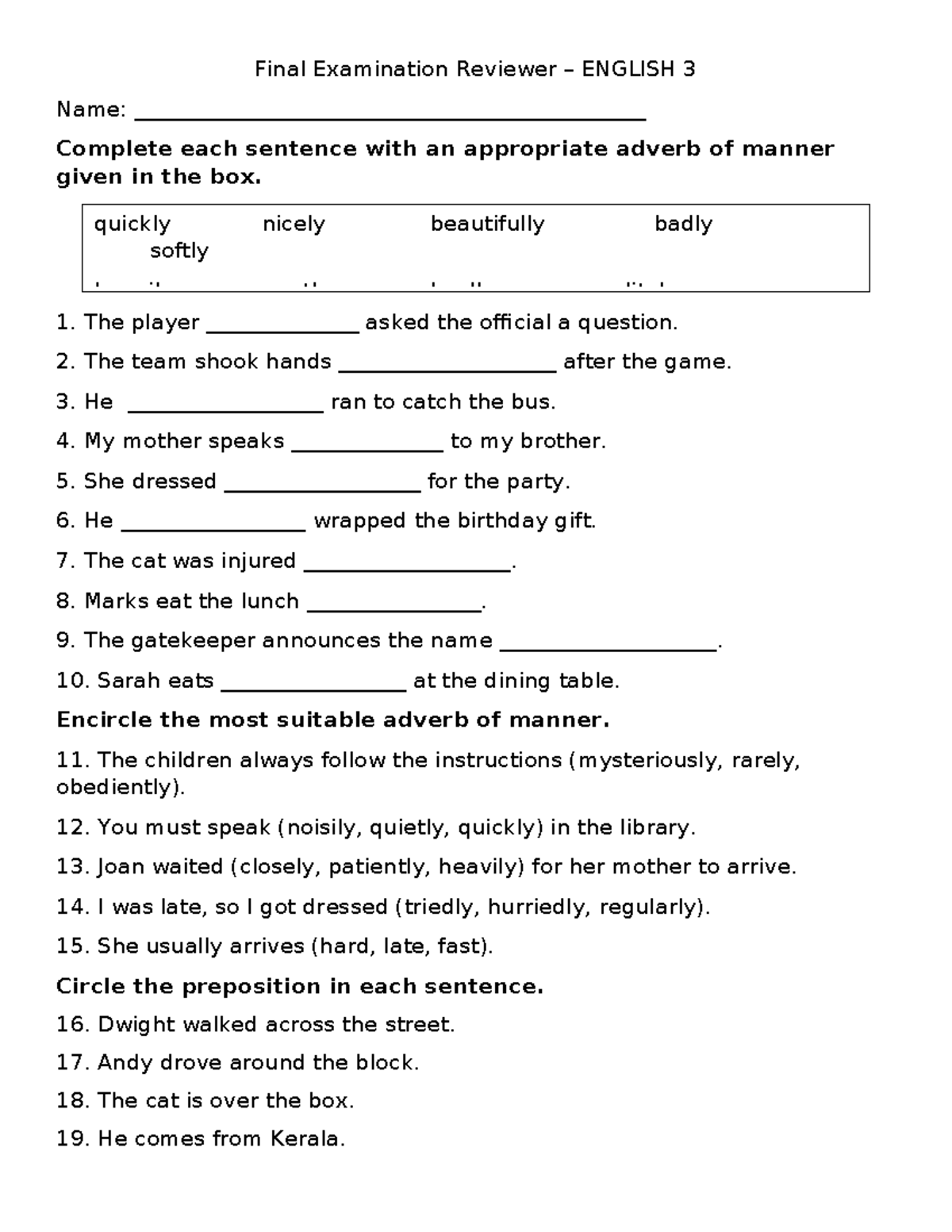 English 3 Final Exam Reviewer: Adverbs, Prepositions & More - Studocu